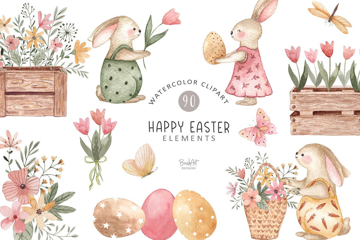 Happy Easter watercolor clipart, Easter Bunnies