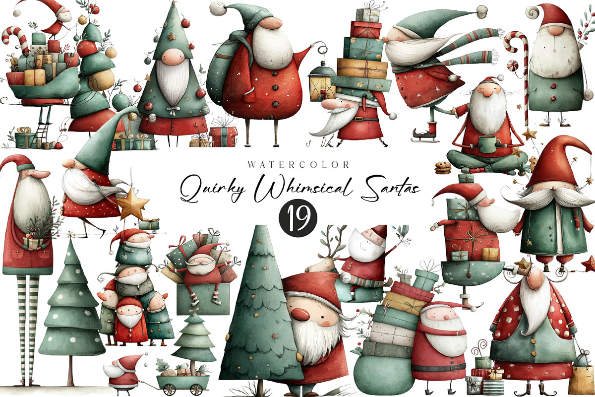 Quirky Whimsical Santas Clipart, an Illustration by CreationArt