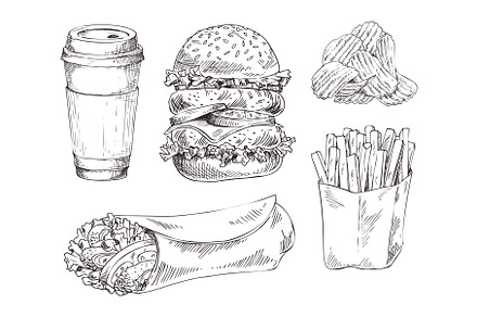 Fast food set hand drawn vector | Food Illustrations ~ Creative Market