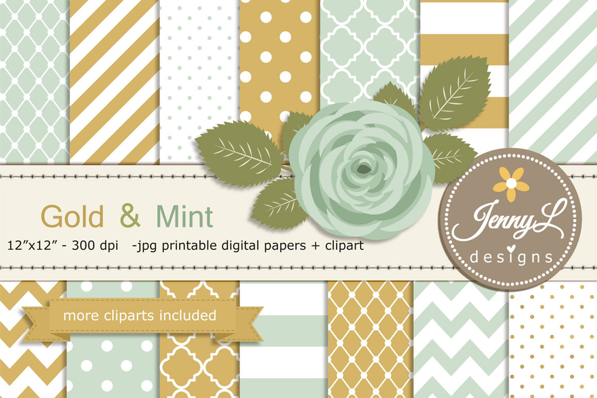 Gold & Mint Green Digital Paper, a Pattern Graphic by JennyL Designs