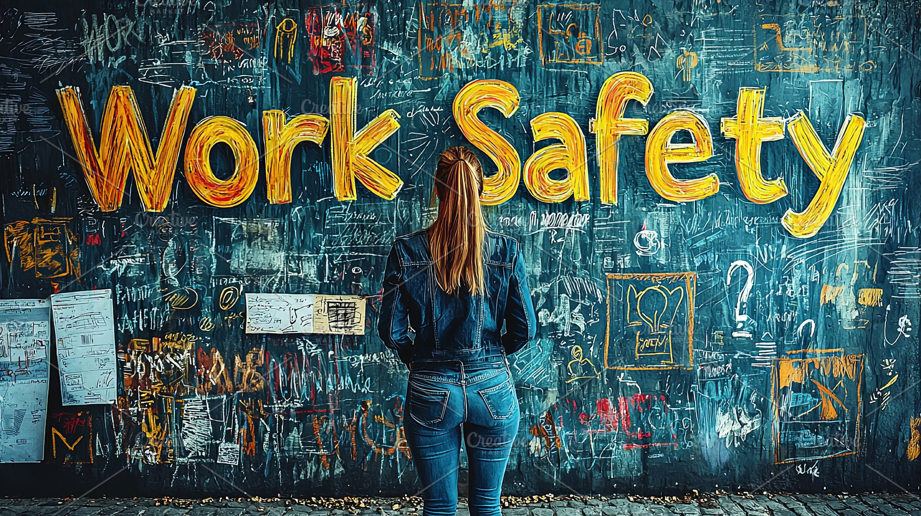 Colorful mural highlighting work safety with female observer, a Photo ...