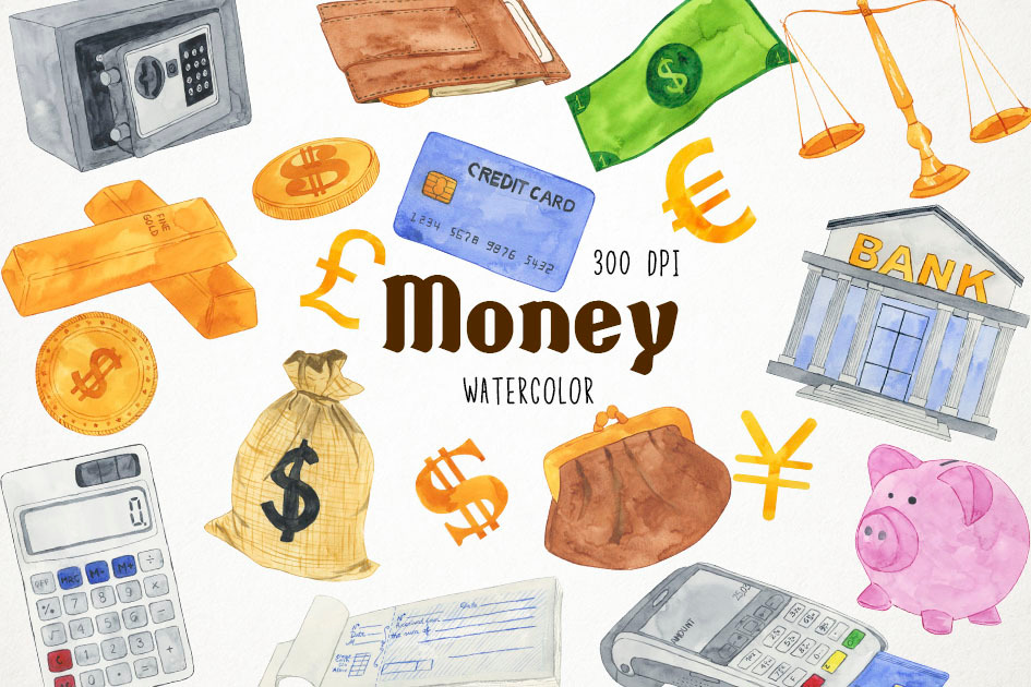 Watercolor Money Clipart, a Finance Illustration by Paulaparaula