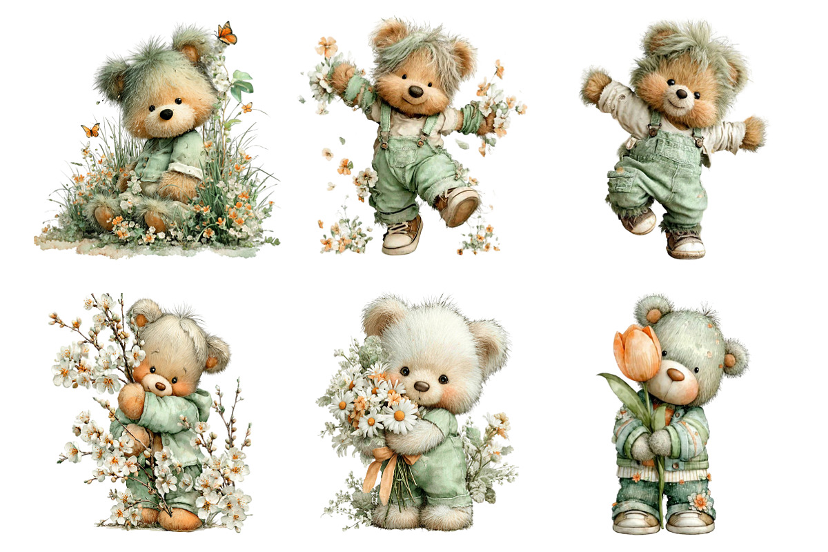 Spring Teddy Bear Clipart Set Bundle, an Illustration by SinaCreation