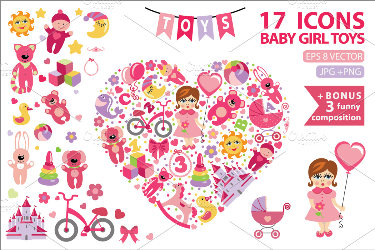 Children toys icons for little girl, an Icon by Tatianakost49