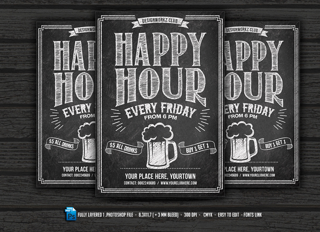 Happy Hour Chalkboard Flyer, a Flyer Template by DesignWorkz