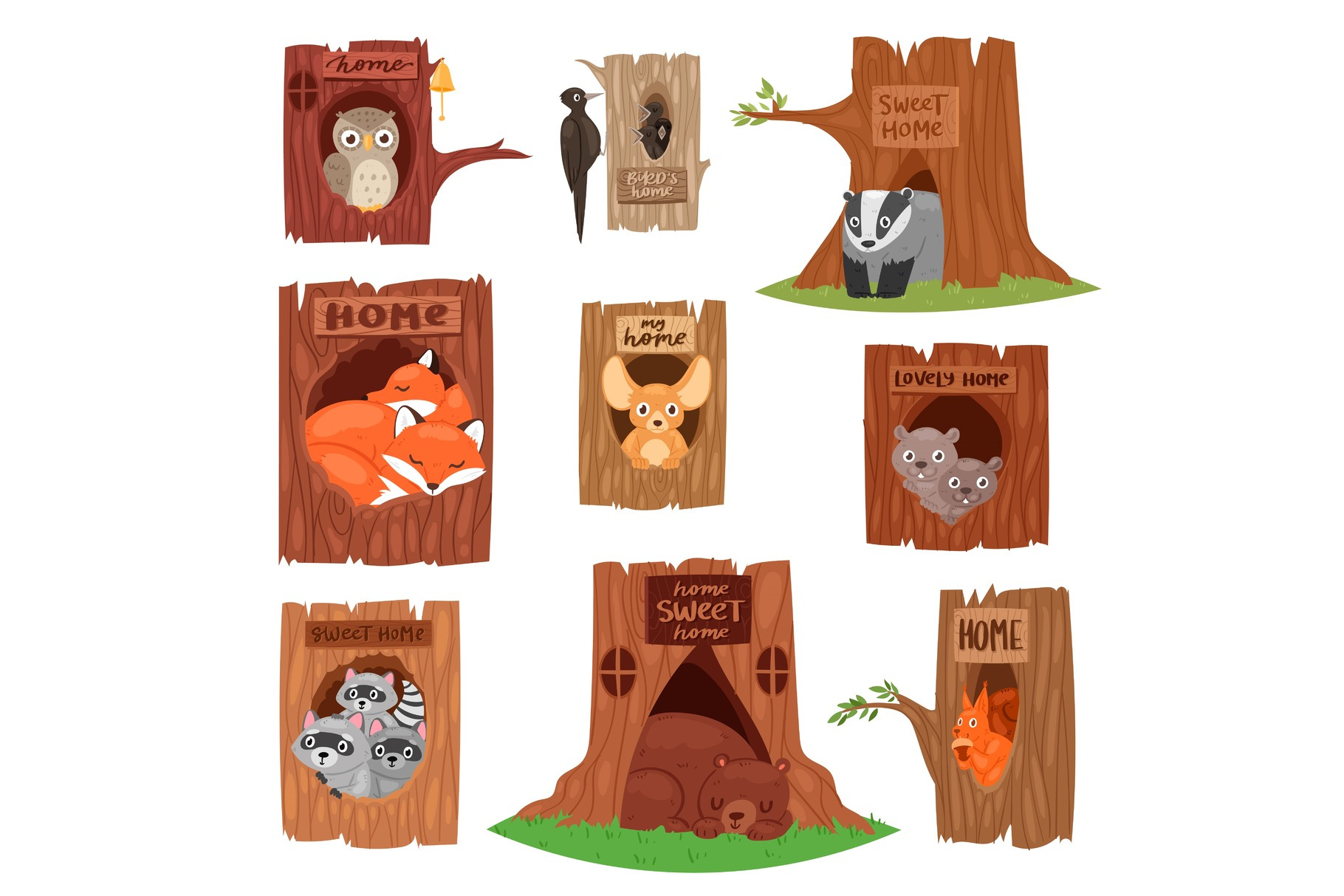 Animals in hollow vector animalistic character in tree hollowed hole ...