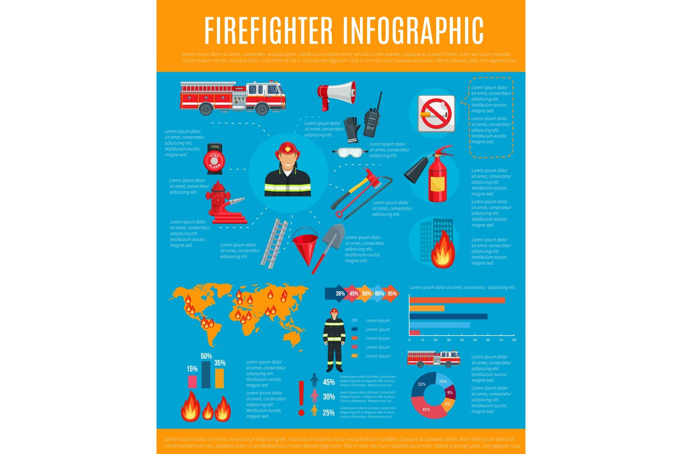 Firefighter infographic with fireman and equipment, an Object ...