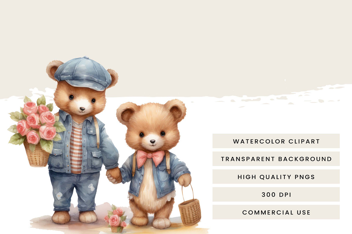 Watercolor Teddy Bear Clipart Bundle, an Object Illustration by Design ...