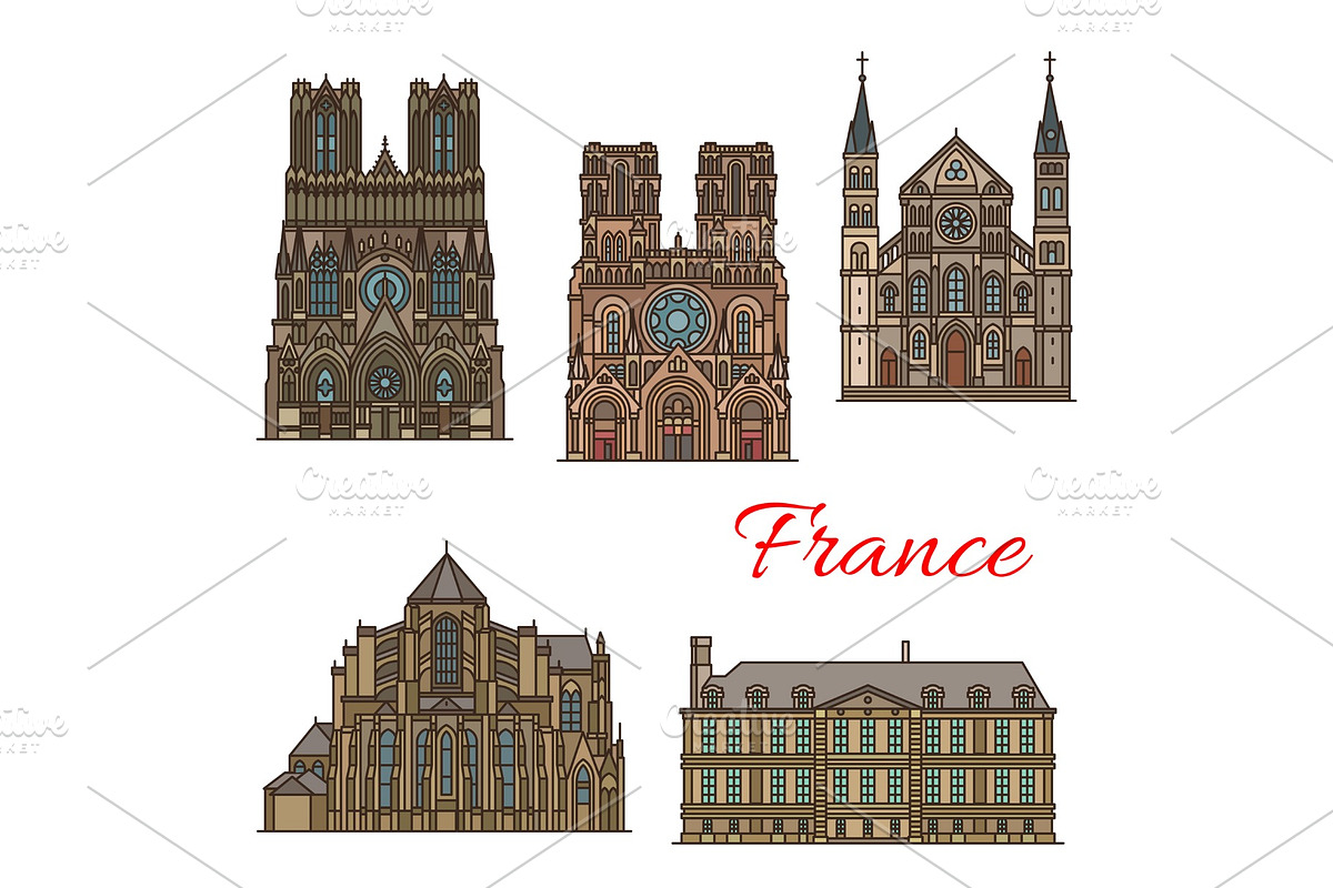 France travel landmarks vector buildings icons, an Illustration by ...