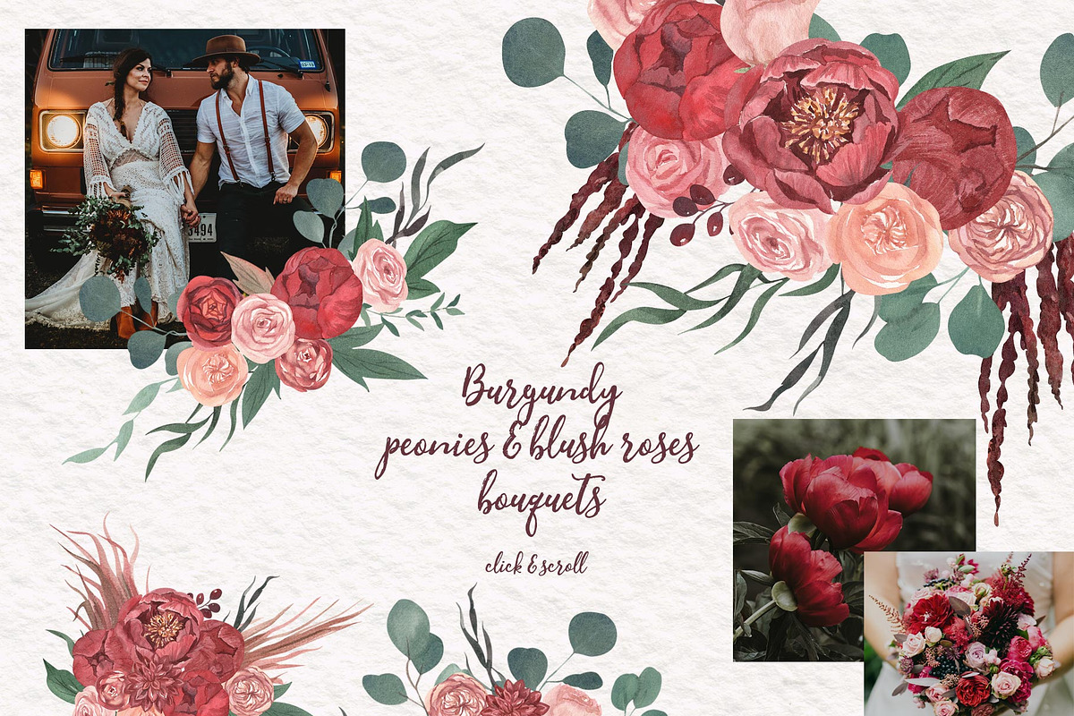 Burgundy Peonies & Blush Roses, an Illustration by Catch the Dream Art