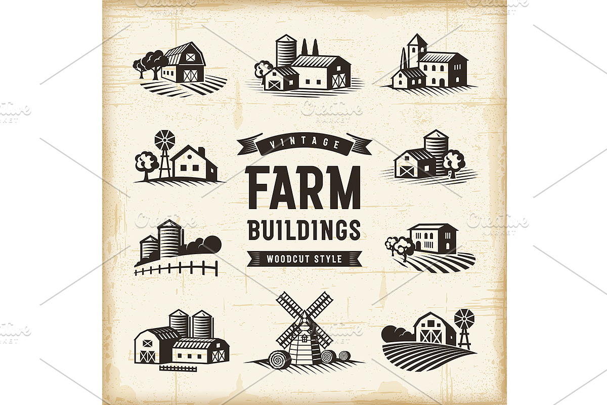 Vintage Farm Buildings Set, a Texture Illustration by Retro Graphics