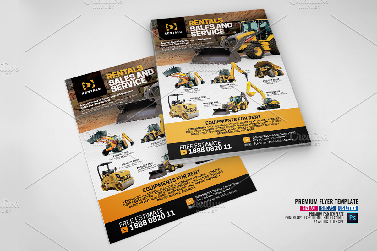 Construction Equipment Rentals Flyer, a Flyer Template by PSDPixel