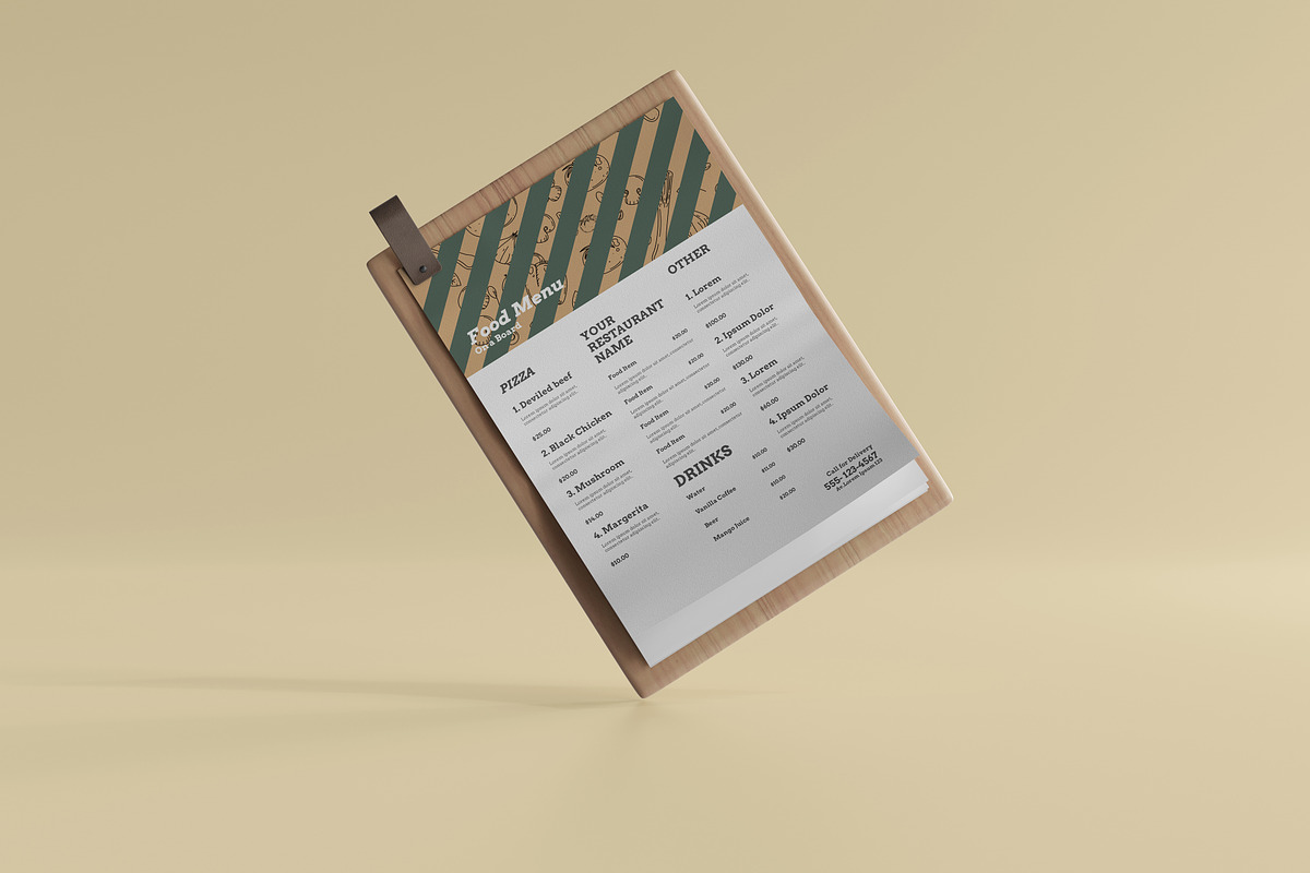 A4 Food Menu on a Board Mockup, a Print Template by pmvch