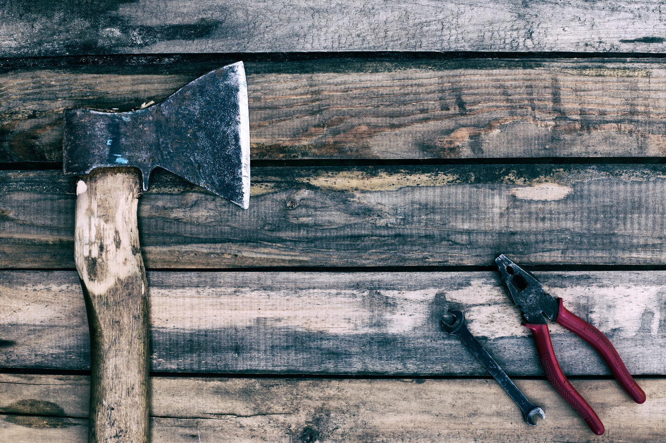 Ax and other tools containing ax, pliers, and wrench, an Industrial ...