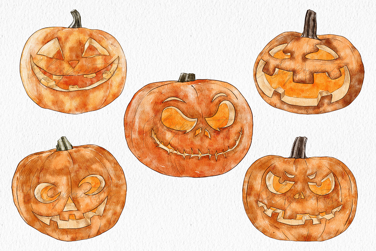 Watercolor Jack-o'-Lantern Clipart, an Illustration by lilisprints