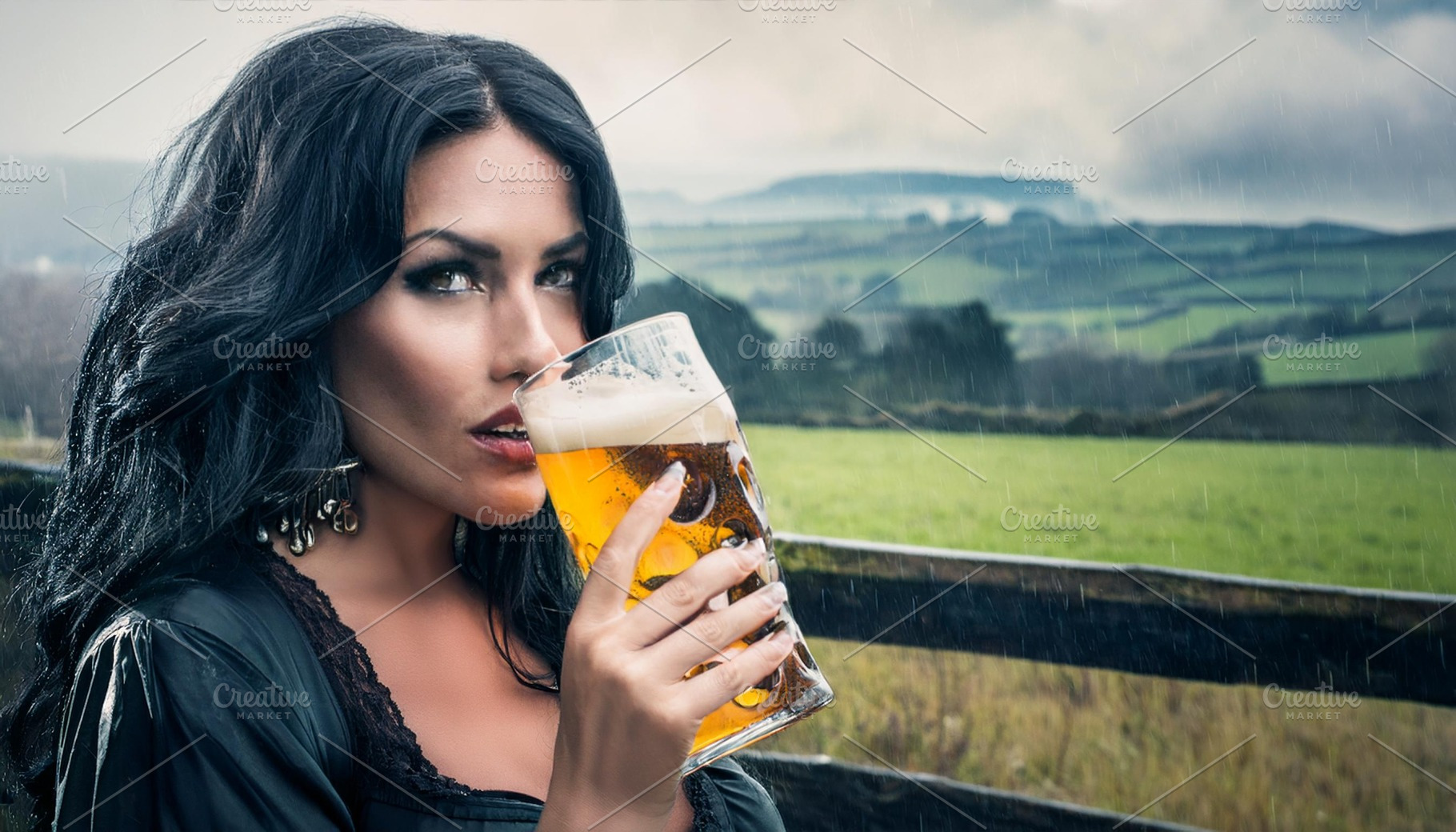 beautiful young goth woman drinking beer in rain, AI generated, a Photo ...