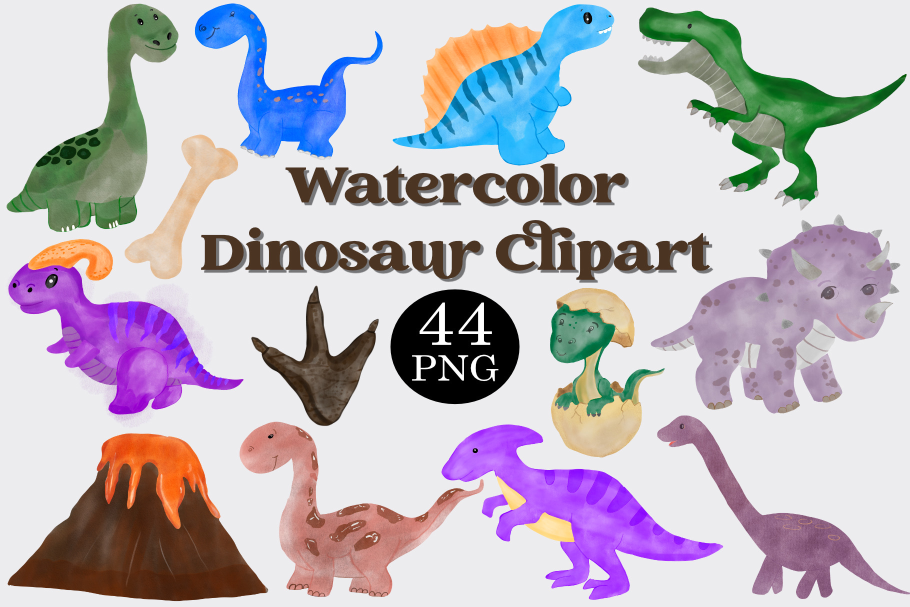 Watercolor Dinosaur Clipart Set