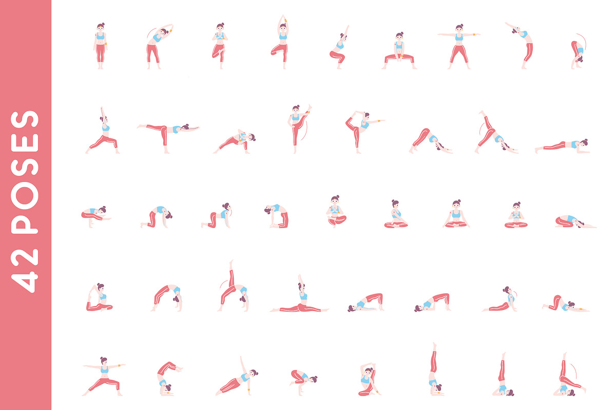42 Funny Yoga Poses, a Healthcare Illustration by muratkalkavan