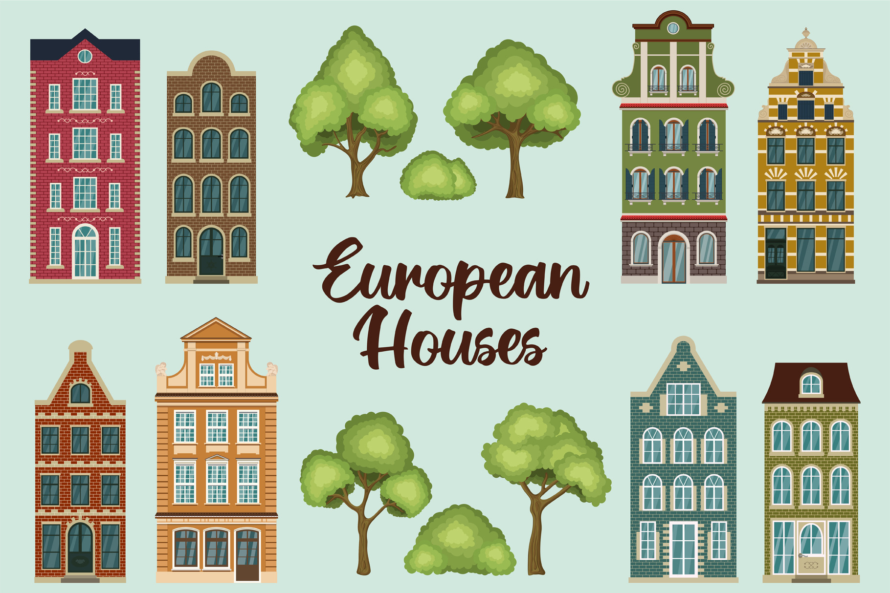 Set of European houses and trees