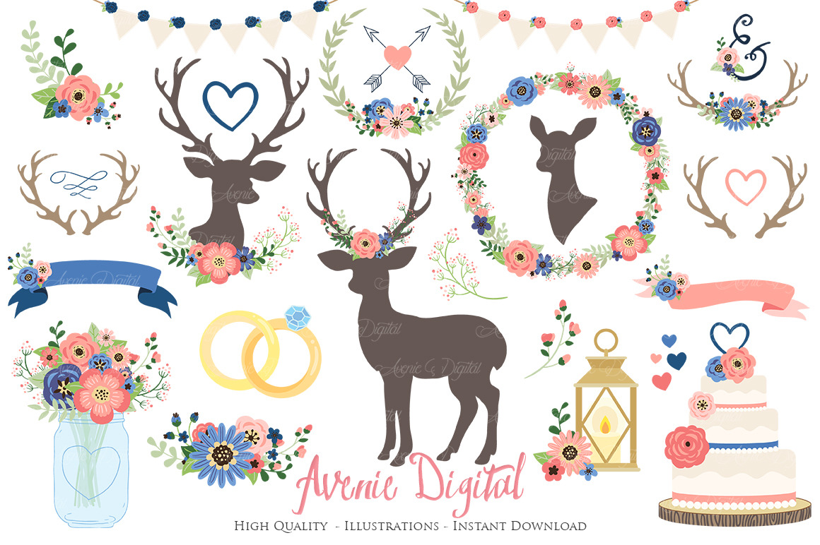 Coral & Navy Rustic Wedding Clipart, an Illustration by Avenie Digital