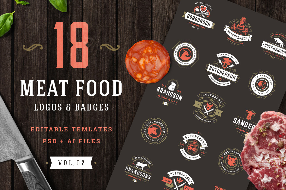 18 Meat Food Logos and Badges, a Branding & Logo Template by Vasya Kobelev