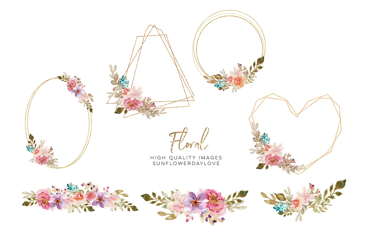 Watercolor Floral Gold Frame Clipart, an Illustration by Sunflower Day ...