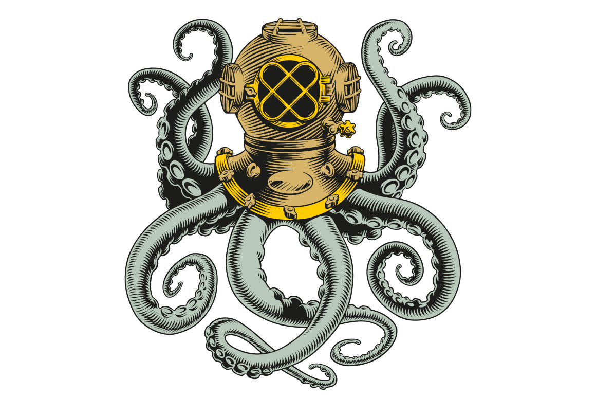 Octopus and vintage diver helmet, an Illustration by Ledokolua
