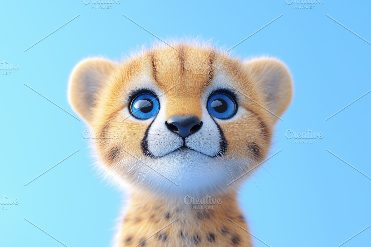 A cute, cartoon-style baby cheetah with big blue eyes and a friendly ...
