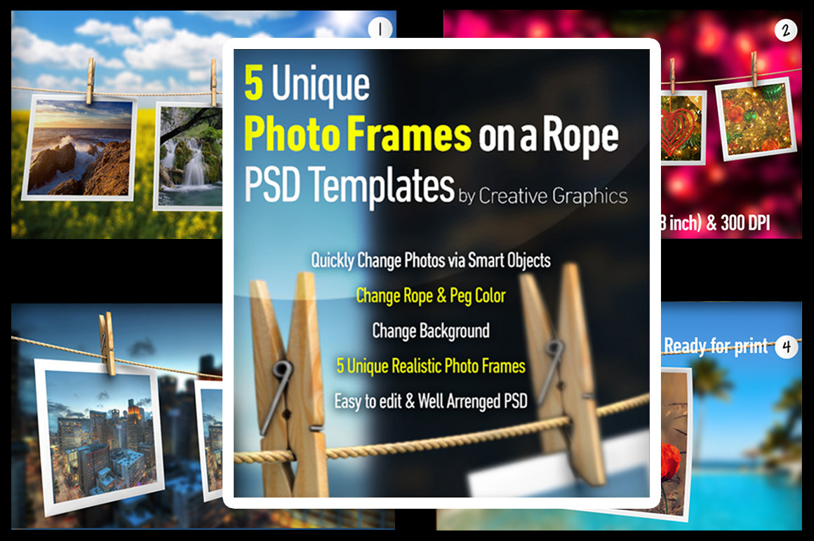 Photo Frames on a Rope PSD Mockup, a Print Template by Creative Graphics
