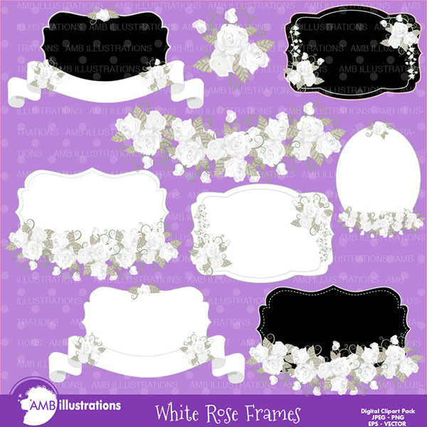 Clipart White Rose Frames, AMB-1115, an Object Graphic by AMBillustrations