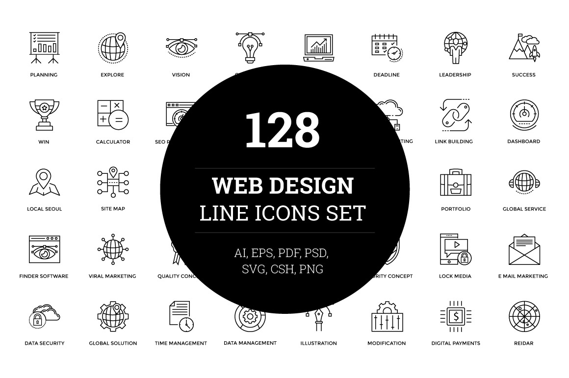 128 Web Design Line Icons, an Outline Icon by Creative Stall