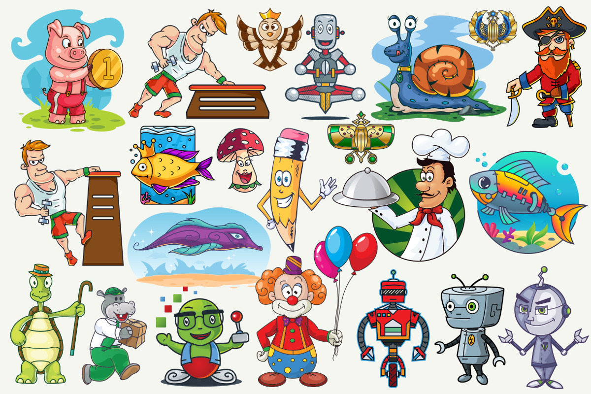 Cartoon Characters & Items Bundle, an Animal Illustration by pixaroma