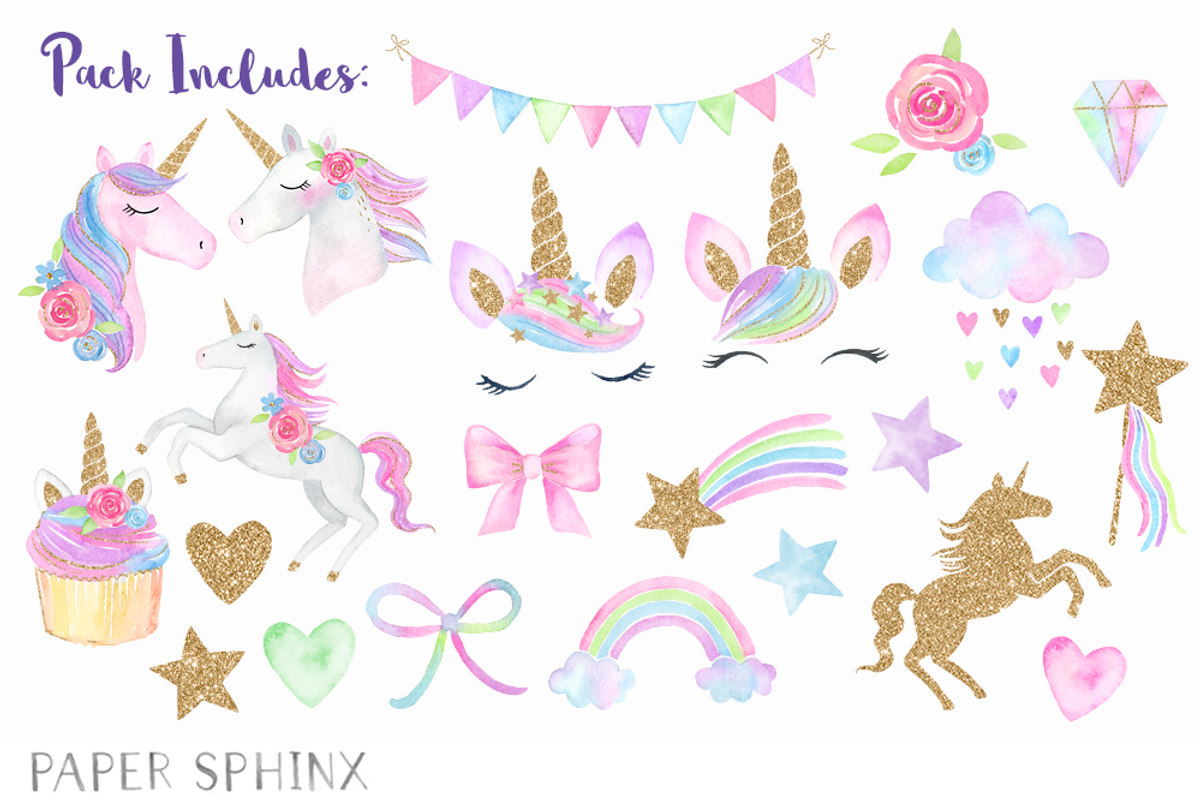 Watercolor Unicorn Party Clipart, a Graphic by PaperSphinx