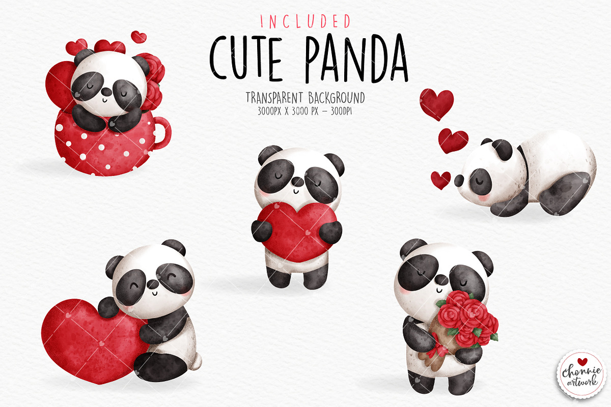 Valentine's panda clipart, an Animal Illustration by Chonnieartwork