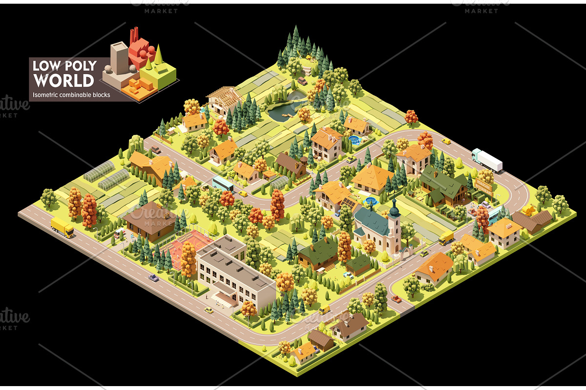 Vector isometric small town map | Creative Market