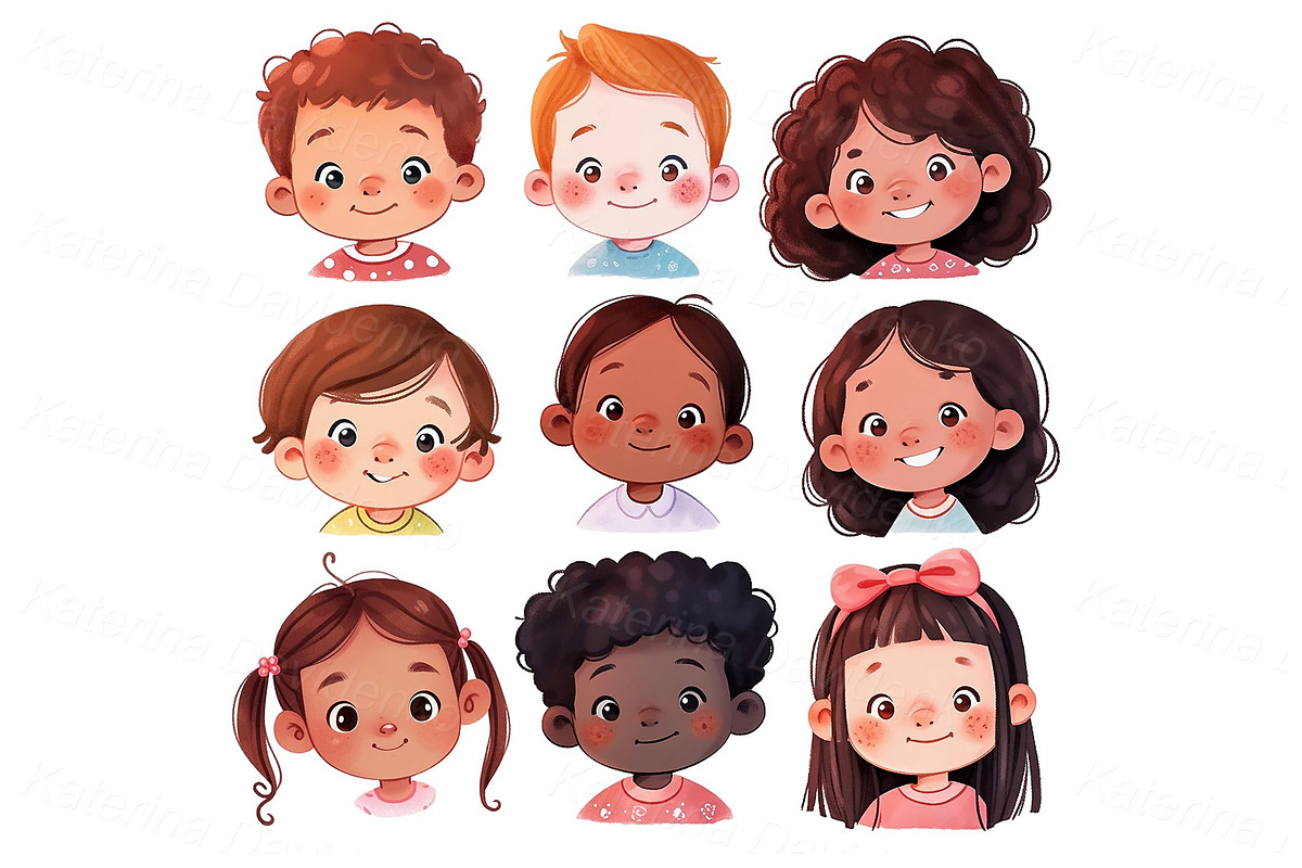 Cartoon multiethnic children faces, a Person Illustration by Bubert Art