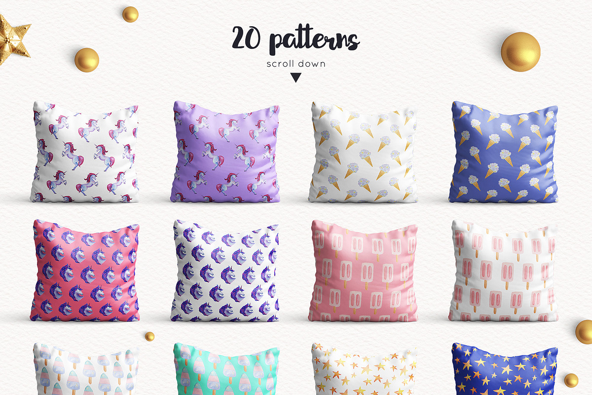 Unicorn objects and patterns set, an Object Illustration by likorbut