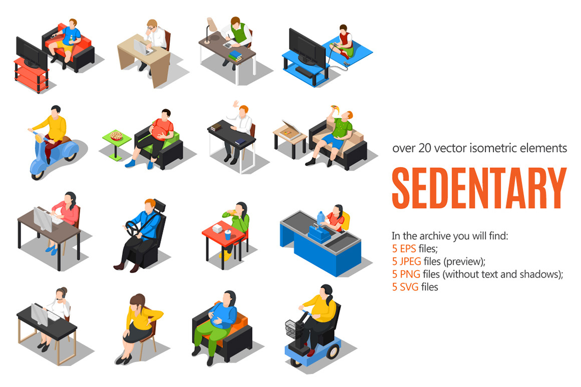 Sedentary Lifestyle Isometric Set | Decorative Illustrations ~ Creative ...