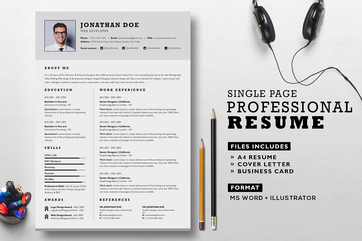 Professional Resume Set, a Resume Template by GraphicsEgg