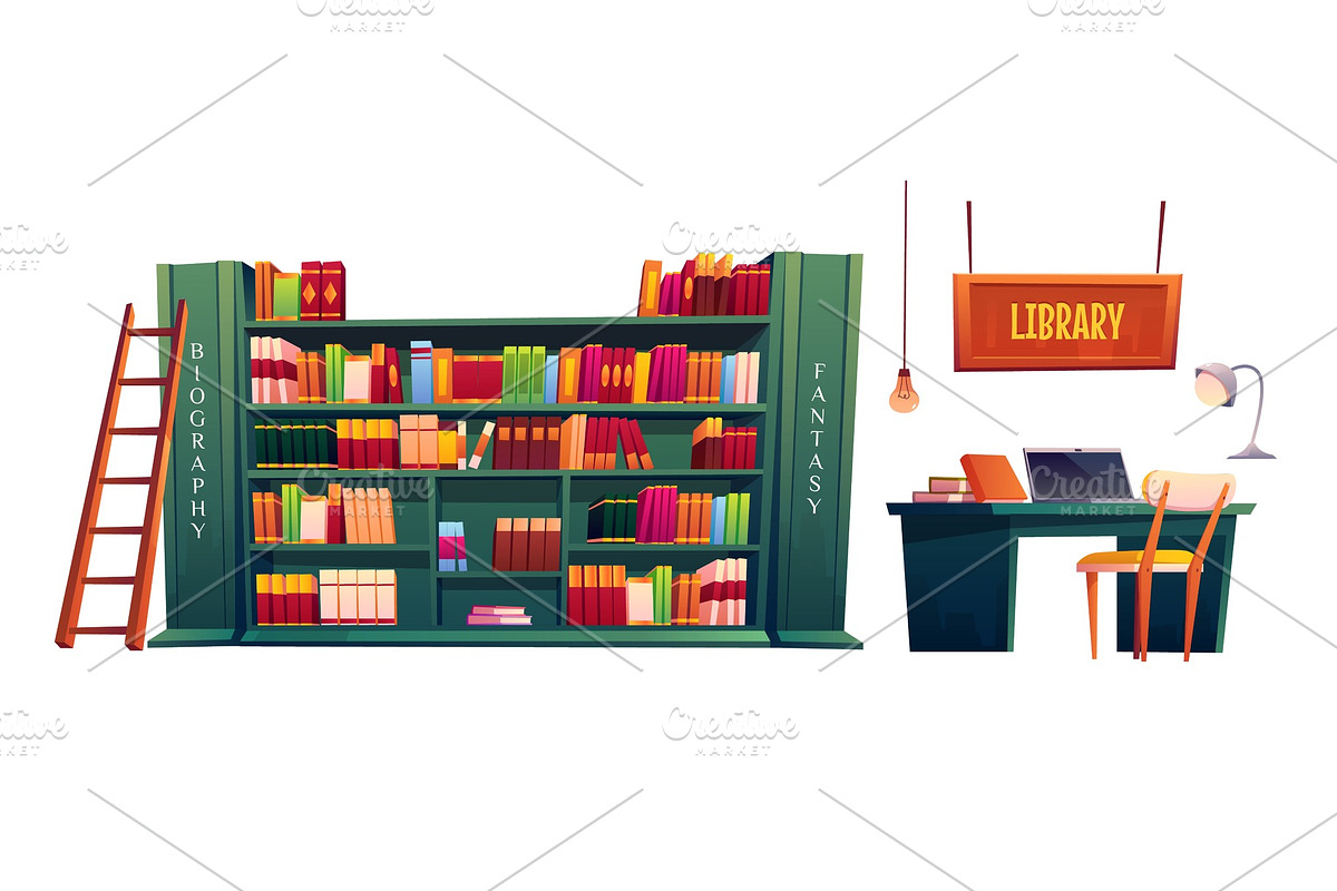 Library with books on shelves and, an Object Graphic by art PVP - market