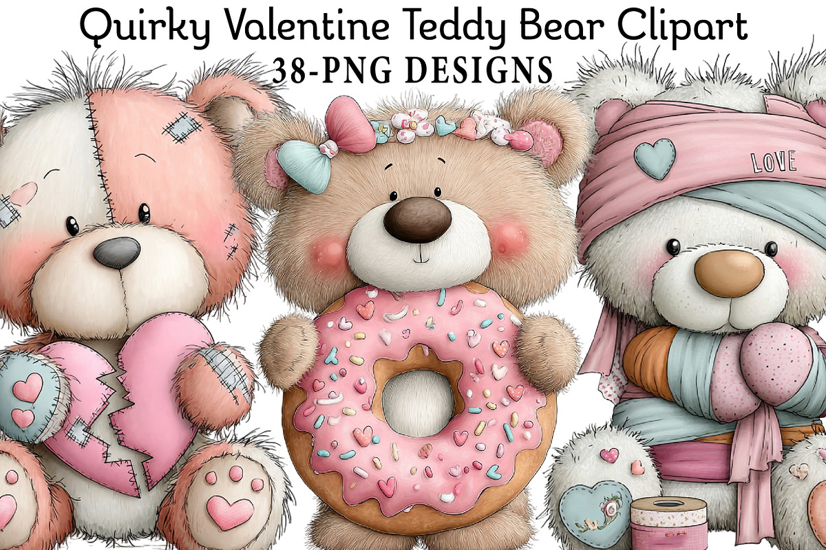 Quirky Valentine Teddy Bear Clipart, an Illustration by Daily.Designs