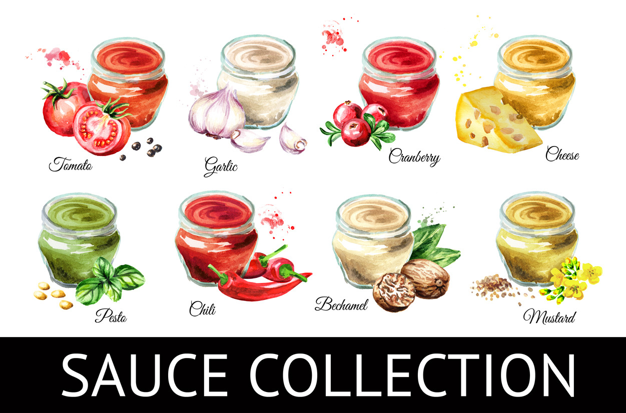 Sauce collection. Watercolor set, a Food Illustration by Daria Ustiugova