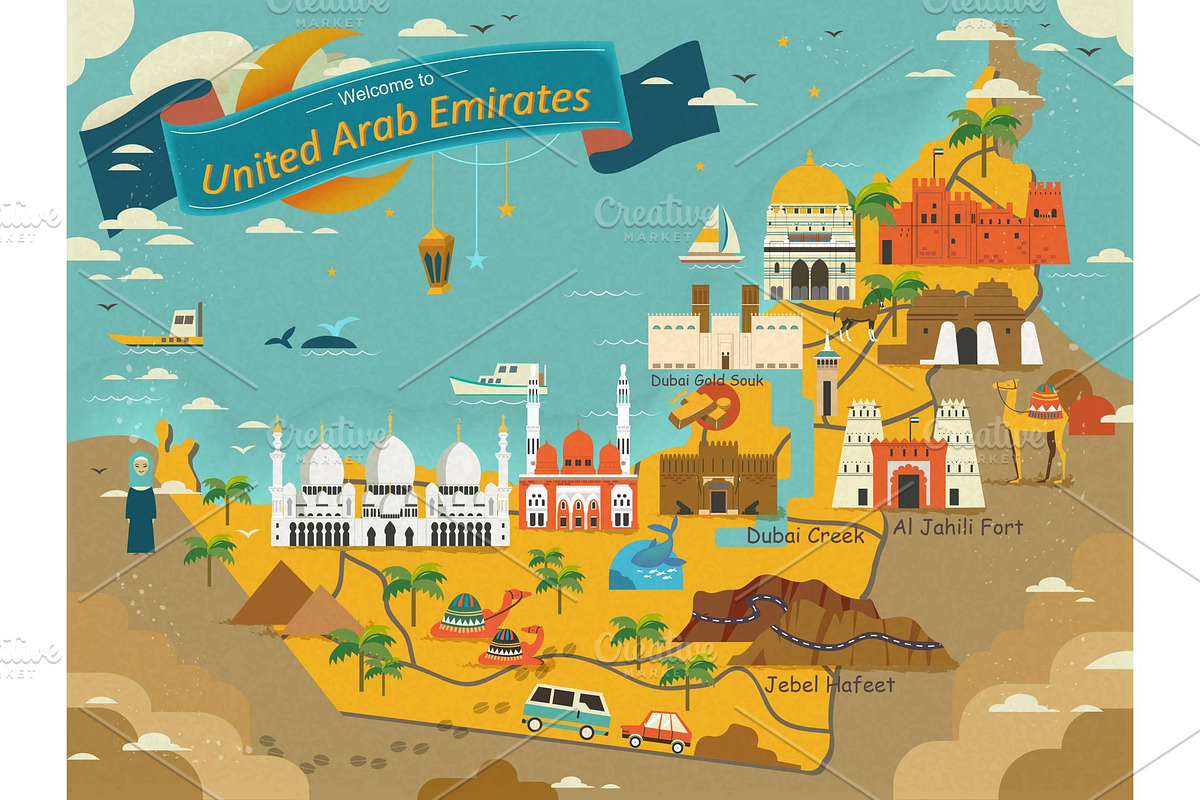 UAE travel concept map, a Decorative Illustration by TotallypicRF ...