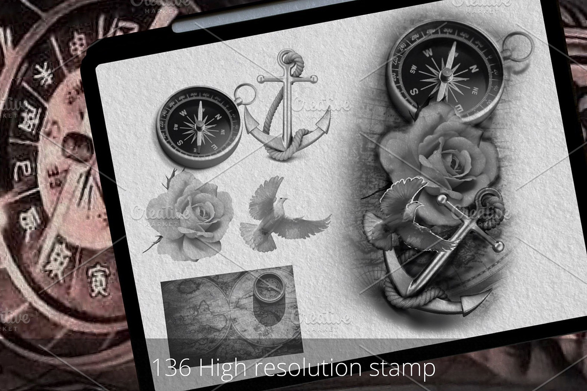 Realistic Compass tattoo kit, a Brush Add-On by Tattoo Worker Studio