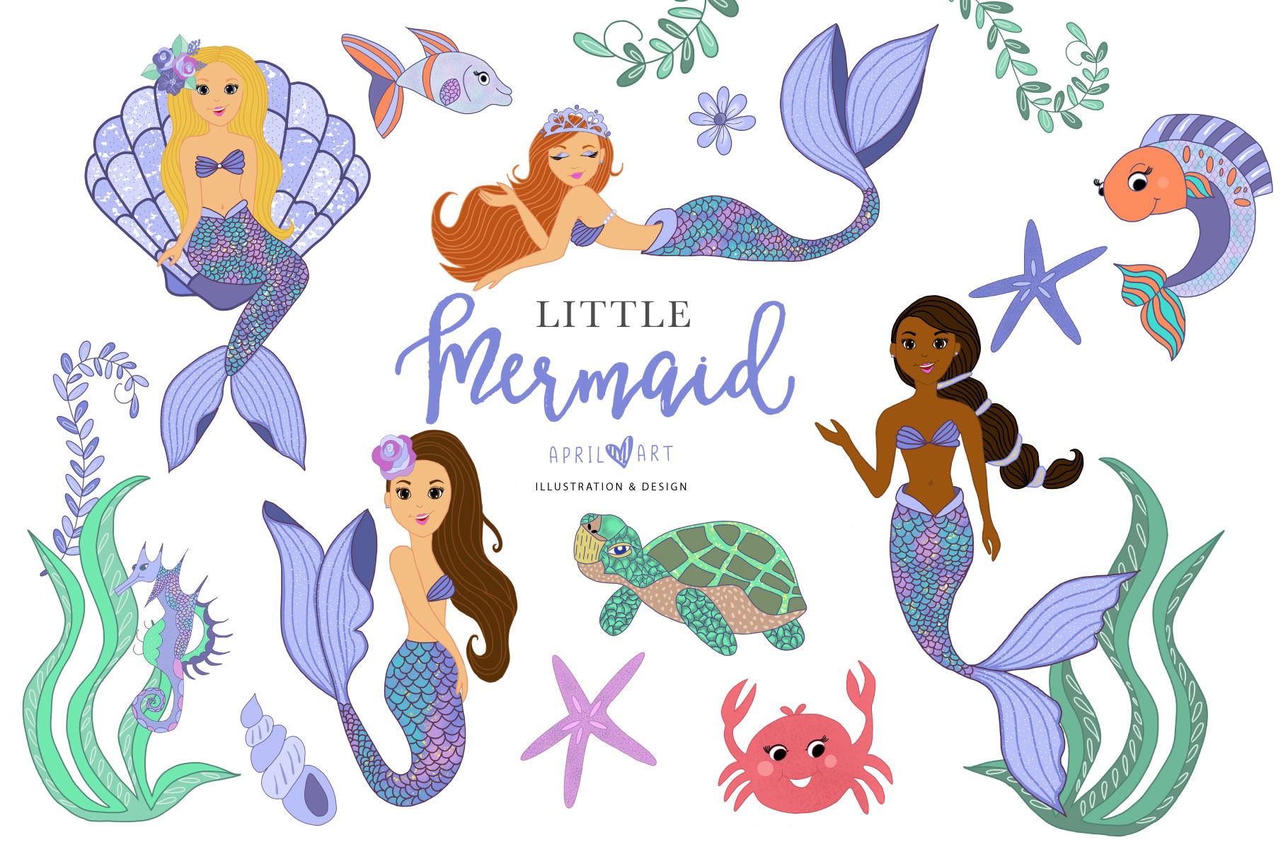 Cute Little Mermaid Clipart, an Illustration by Oh Darling Graphics