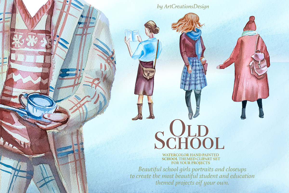 Watercolor Old School Clipart Set, a Seasonal Illustration by ...