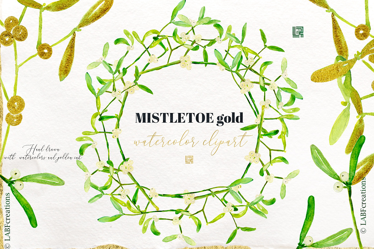 Mistletoe gold. watercolor clipart, an Illustration by LABFcreations ...