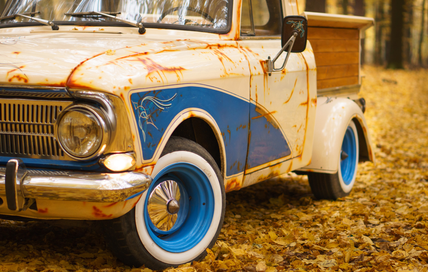 Retro cars in a fall forest custom truck creative idea with blue color ...