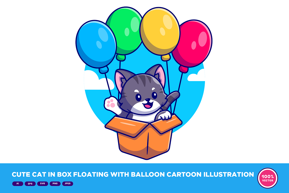 Cute Cat Floating With Balloon, an Animal Illustration by Catalyst Labs ...
