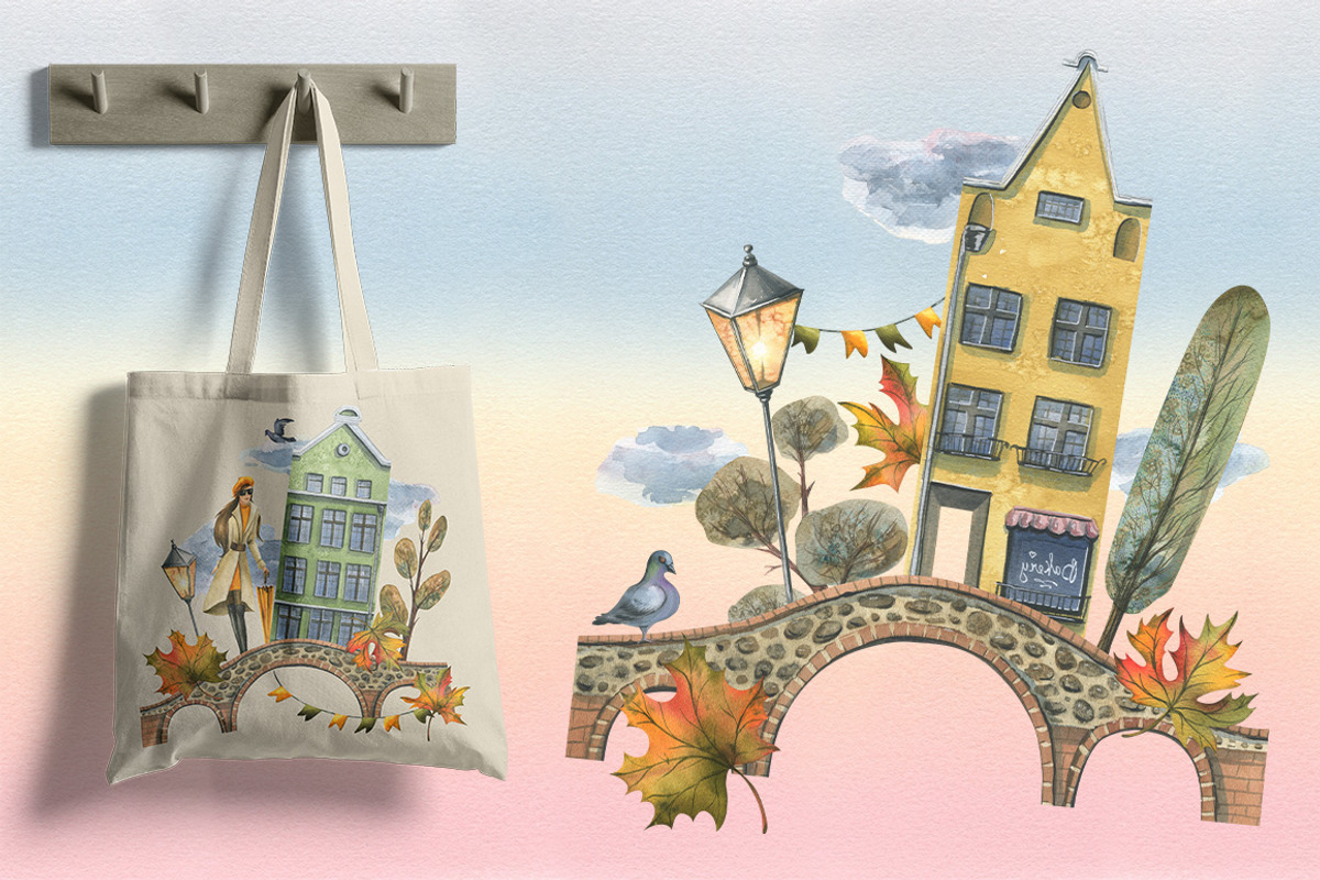 Houses in autumn watercolor clip art, an Object Illustration by NATASHA CHU